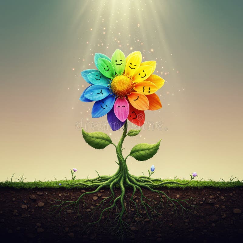 Rainbow Flower with Happy Faces Growing from Soil Stock Illustration ...