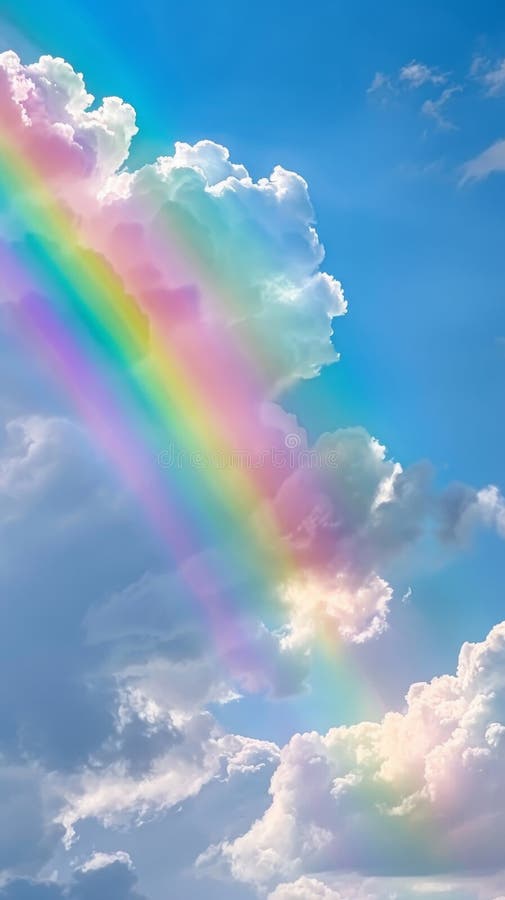 Rainbow and Fluffy Clouds in a Bright Blue Sky, Softness and Serenity ...