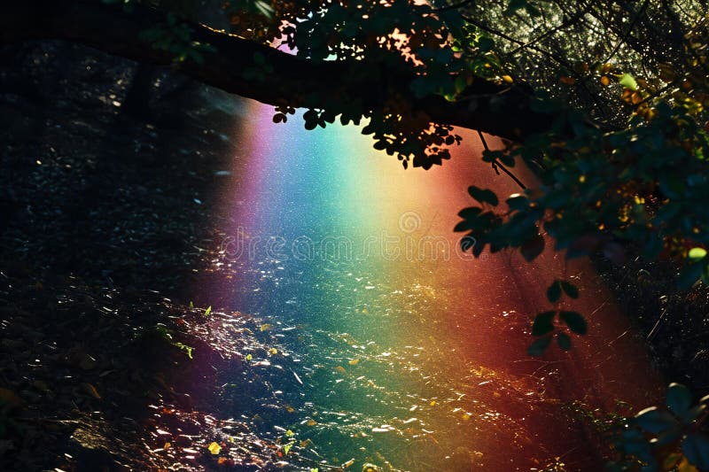 Rainbow in the Forest, Bright Rays of Light through the Trees Stock ...