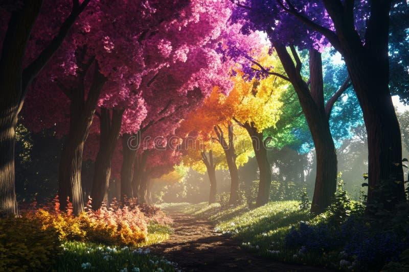 Rainbow Forest Pathway - a Magical Nature Escape Stock Illustration ...