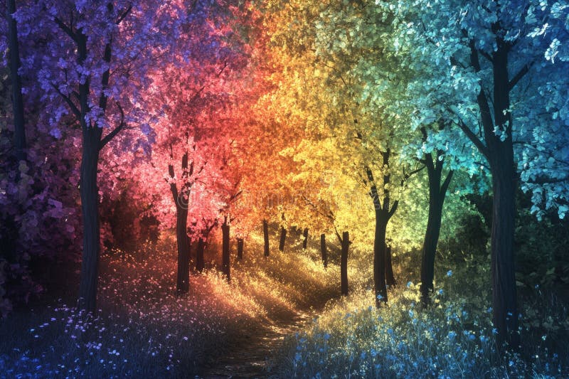 Rainbow Forest Pathway - a Magical Nature Escape Stock Illustration ...