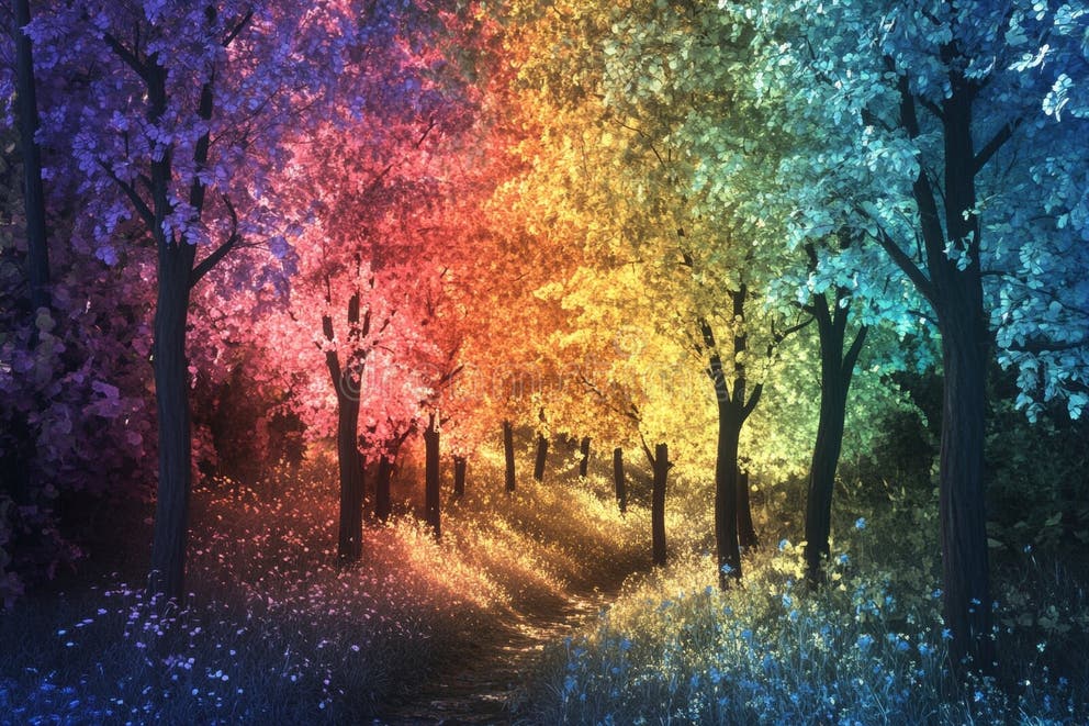 Rainbow Forest Pathway - a Magical Nature Escape Stock Illustration ...