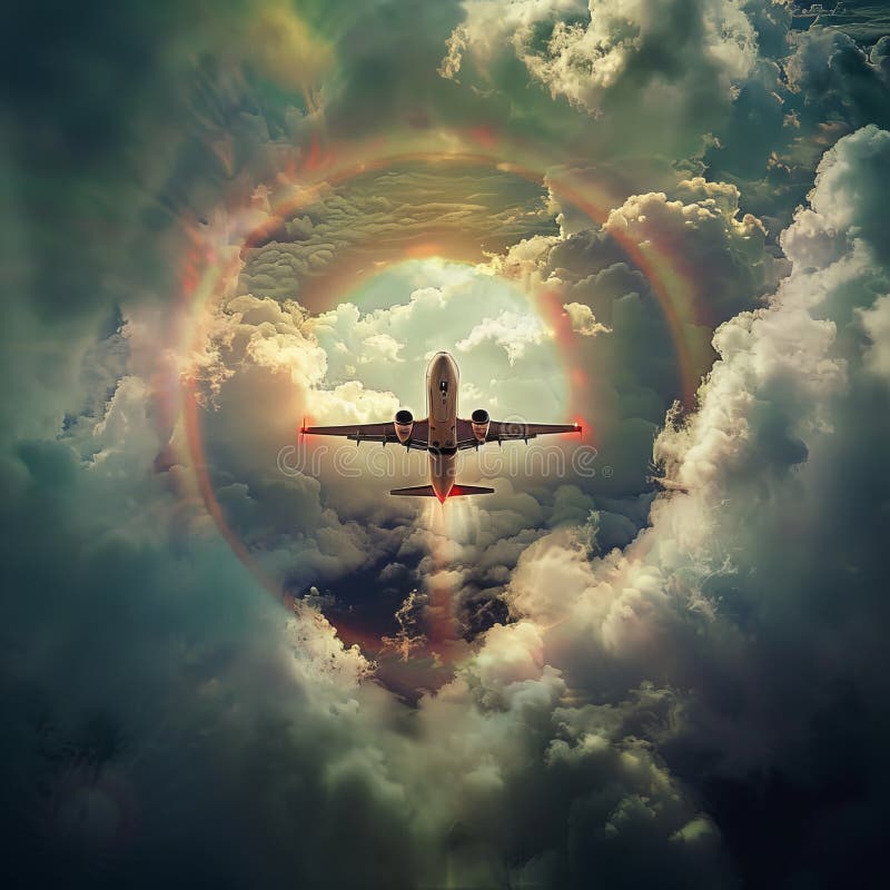 A Rainbow is Formed Around an Airplane Flying through the Sky Stock ...