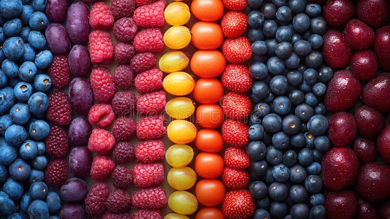 Rainbow of Fresh Berries and Grapes Arranged in Vertical Lines Stock ...