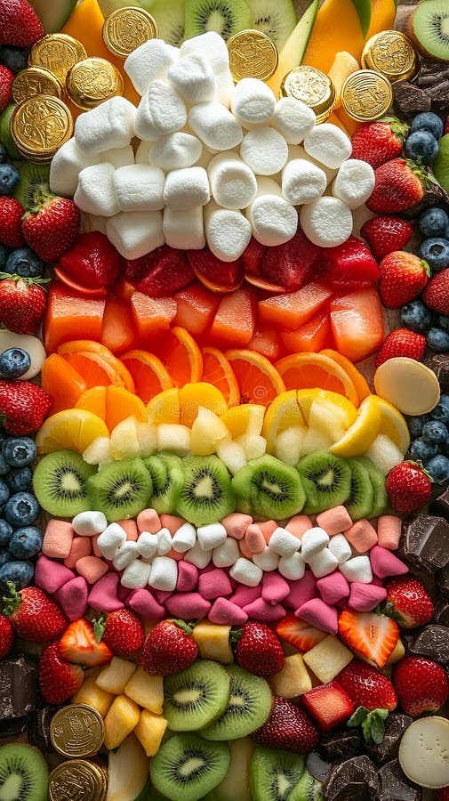 A Rainbow Fruit Platter with Marshmallows As Clouds and Chocolate Stock Image - Image of ...