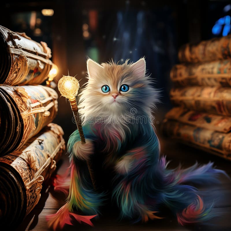 A Rainbow Fur Wizard Kitten Casting a Spell Using the Magic Wand Inside ...