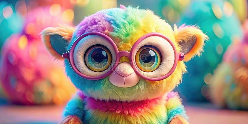 Rainbow Furry Creature with Large Round Glasses Smiles. Generative AI ...