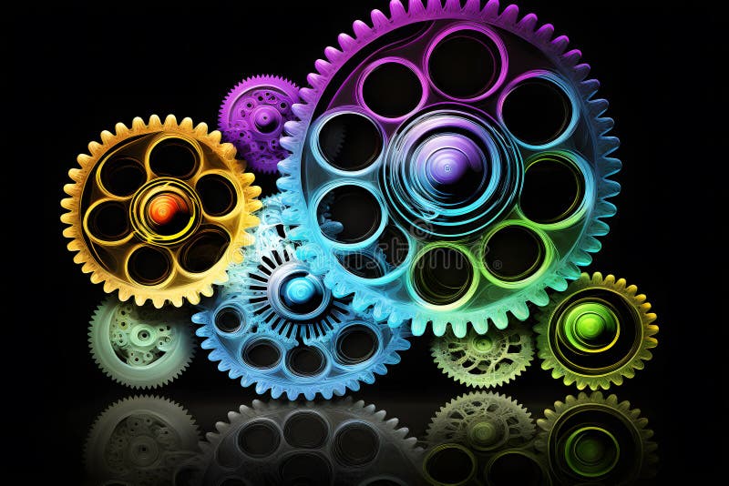 Rainbow Gears on a Black Background Multi-colored Mechanism. Neural ...