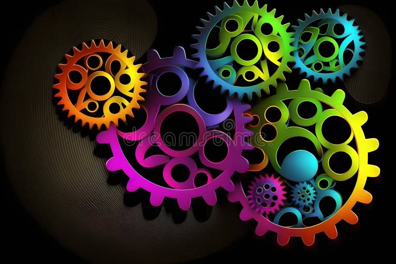 Rainbow Gears on a Black Background Multi-colored Mechanism. Neural ...