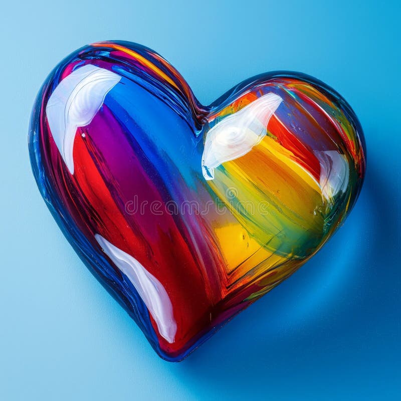 Rainbow Glass Heart on Blue Background Reflecting Colorful Light Stock ...