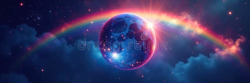 Rainbow Glowing Orb Suspended in an Infinite Blue Space, Boundless ...