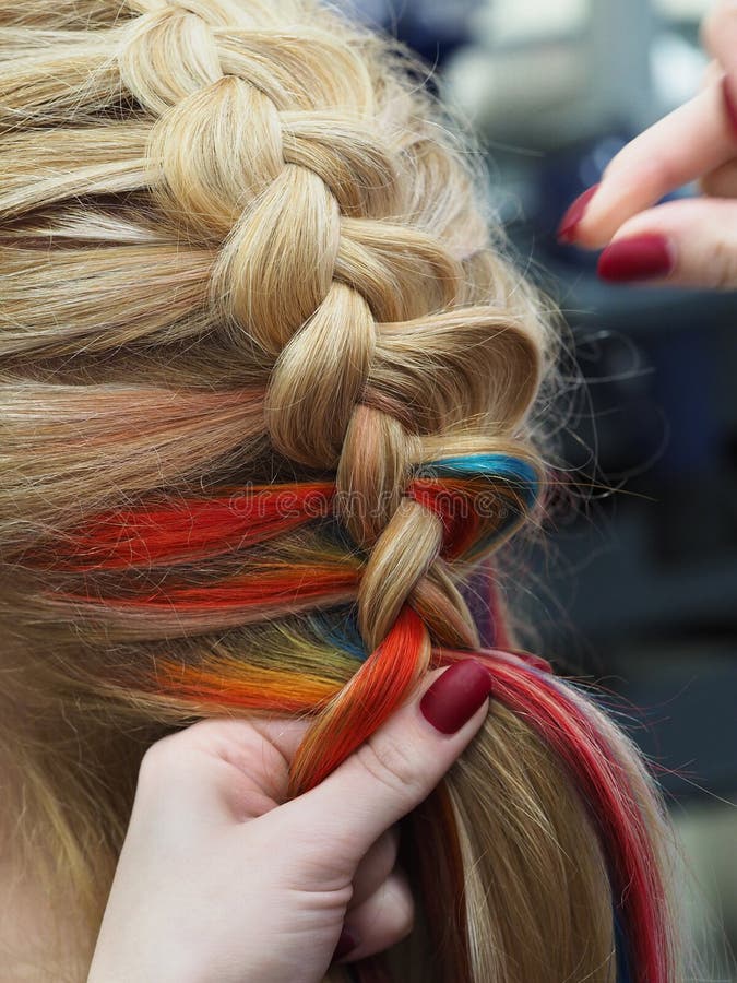 Rainbow Hair in a Braid. Braiding Close Up. Stock Image - Image of ...
