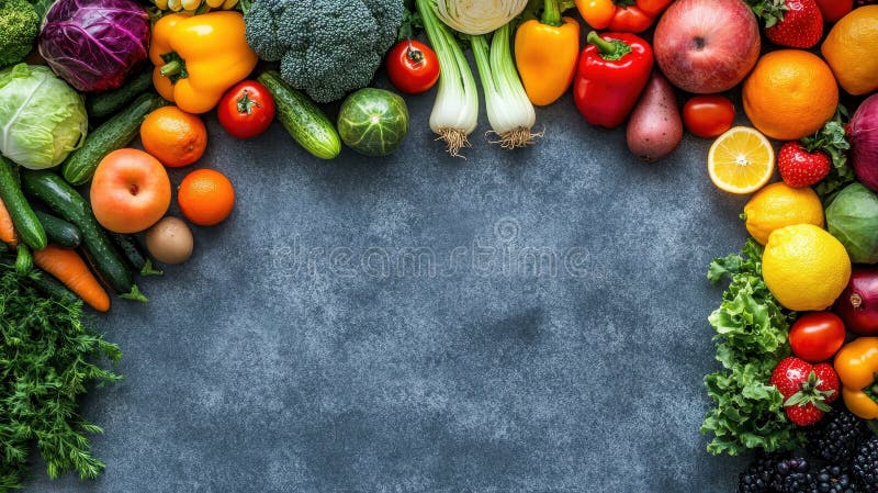 Rainbow Harvest: Fresh Fruits and Vegetables Bordering a Textured Slate ...