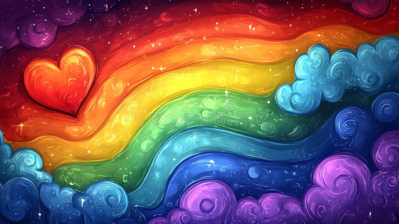 Rainbow Heart in Night Sky with Clouds Stock Illustration ...