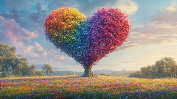 Rainbow Heart Tree in a Vibrant Flower Field Stock Illustration ...