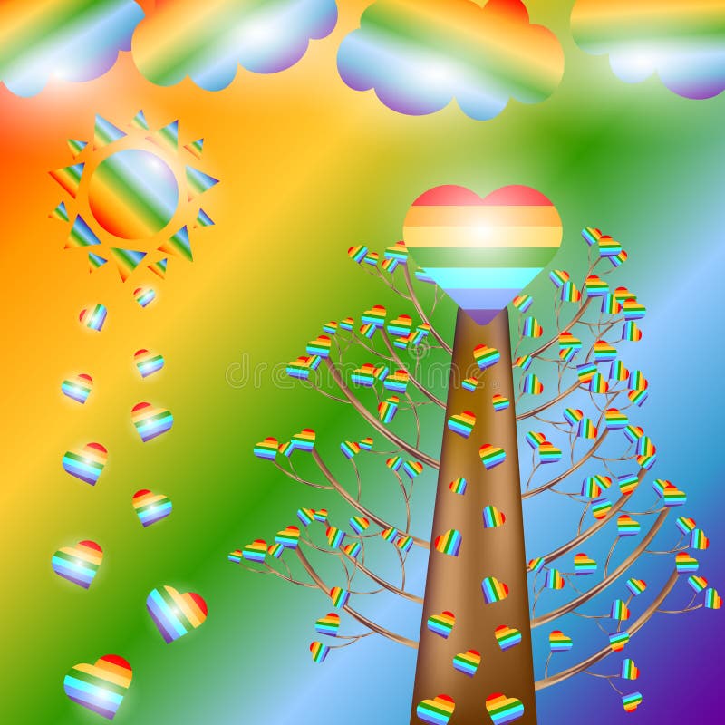 Rainbow Hearts, Tree, Sun and Clouds on Rainbow Background. Freedom and ...