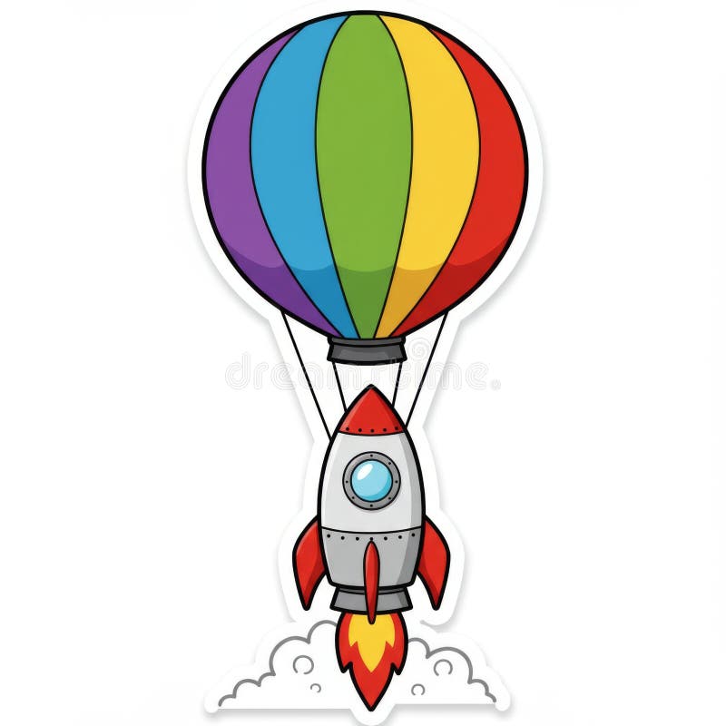 Rainbow Hot Air Balloon and Rocket Illustration Stock Illustration ...