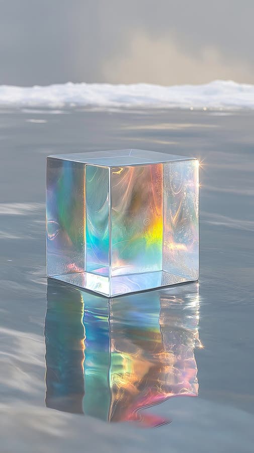 Rainbow-Hued Ice Cube Glistening on Serene Water Surface at Twilight ...