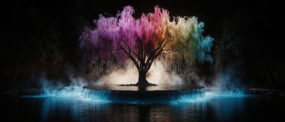 Rainbow-hued Weeping Willow Tree Illuminates a Tranquil Waterfall at ...