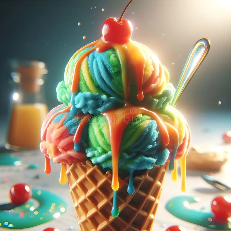 Rainbow Ice Cream Cone with Cherry on Top. Stock Illustration ...
