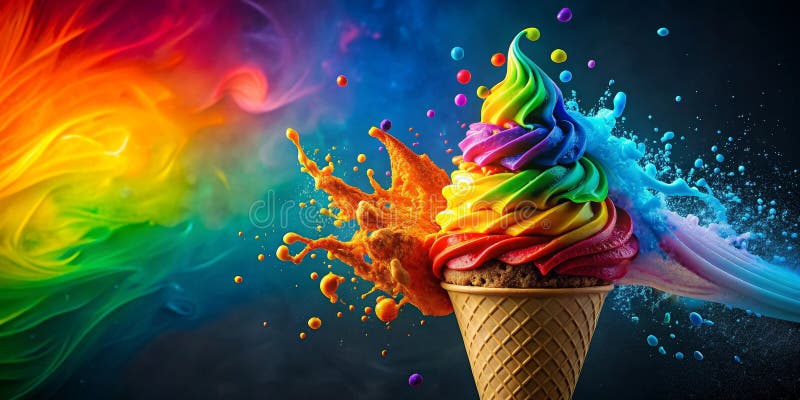 Rainbow Ice Cream Cone Explosion with Vivid Color Splashes. Generative ...