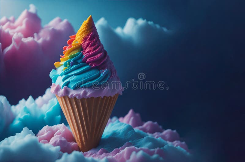 Rainbow Ice Cream Cone on a Fluffy Cloudy Fantasy Background, Copy ...