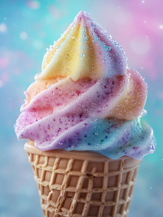 Rainbow Ice Cream Cone with Pastel Swirl and Dew Drops. Stock Photo ...
