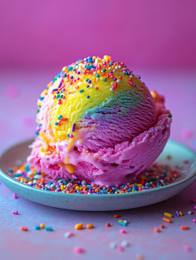 Rainbow Ice Cream Scoop with Sprinkles on a Plate. Stock Image - Image ...