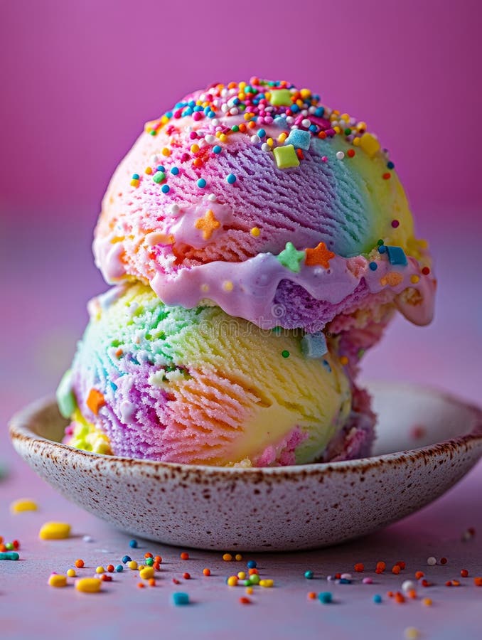 Rainbow Ice Cream Scoops with Sprinkles in a Bowl. Stock Photo - Image ...