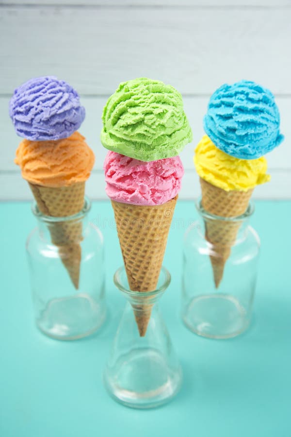 Rainbow Ice Cream Scoops in Waffle Cones Stock Image - Image of cones ...