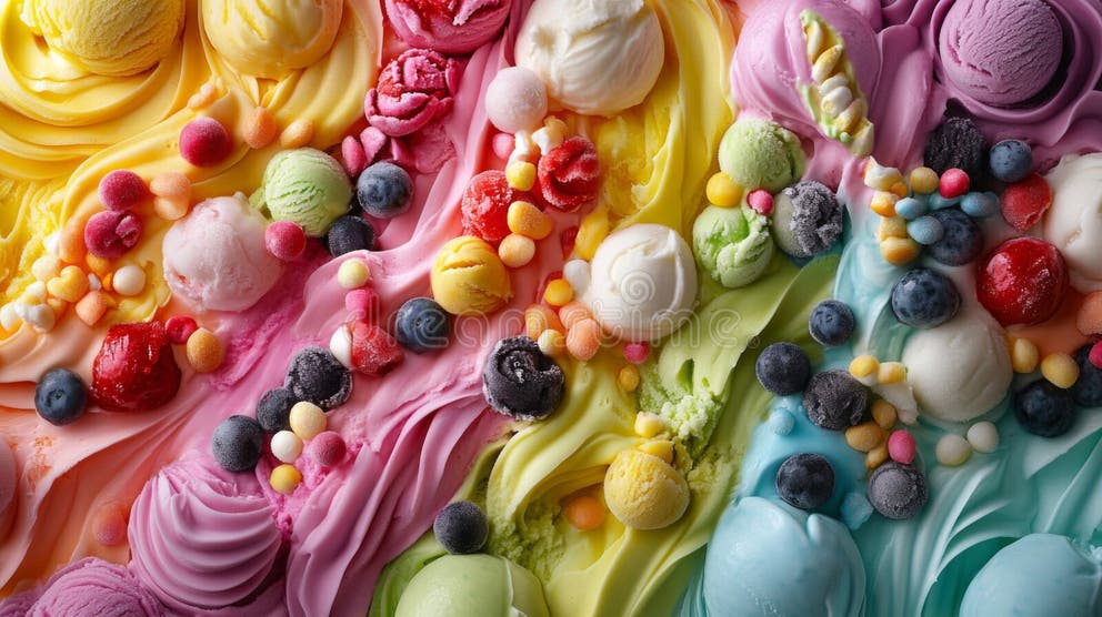 Rainbow Ice Cream Swirls with Blueberries and Candy Stock Illustration ...