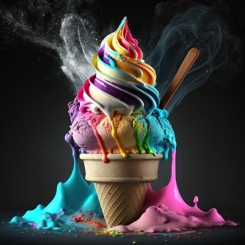 Rainbow Ice Cream in a Waffle Cup with Colored Syrup Stock Illustration ...