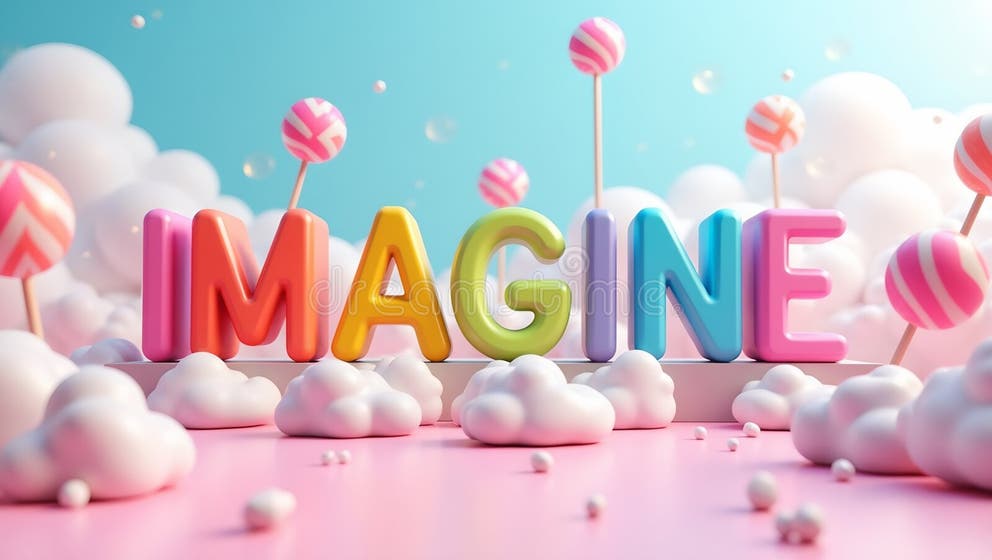 Rainbow IMAGINE in 3D Candyland with Lollipops Stock Illustration ...