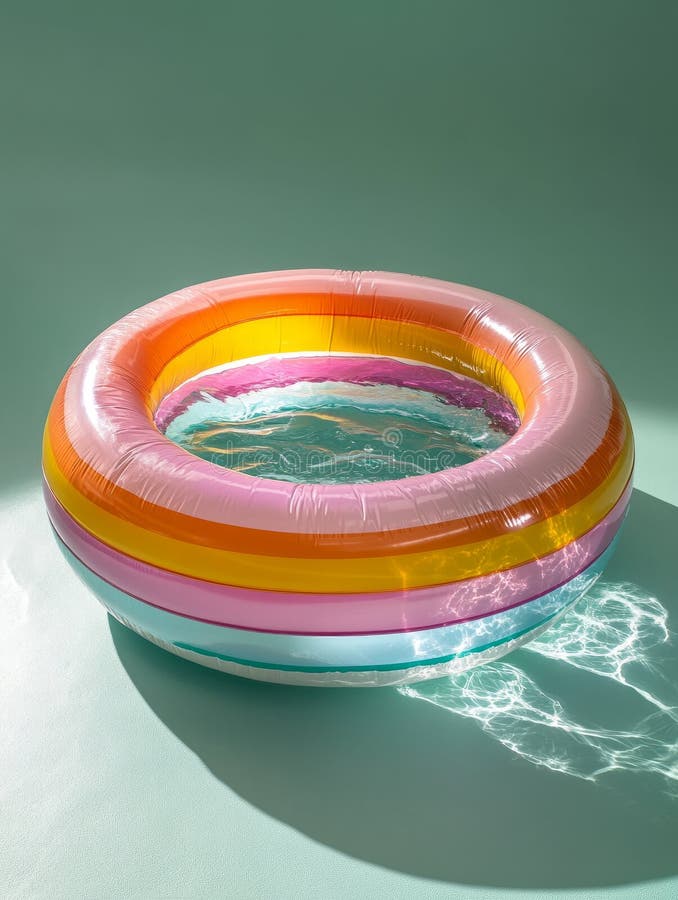 Rainbow Inflatable Kiddie Pool in Sunlight on Green Background. Stock ...