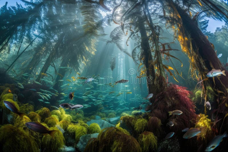Rainbow of Kelp Forest with Fish Swimming and Schools of Colorful Fish ...