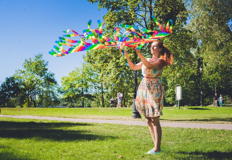 Rainbow Kite in the Sky. Girl Playing with Kite. Stock Image - Image of ...
