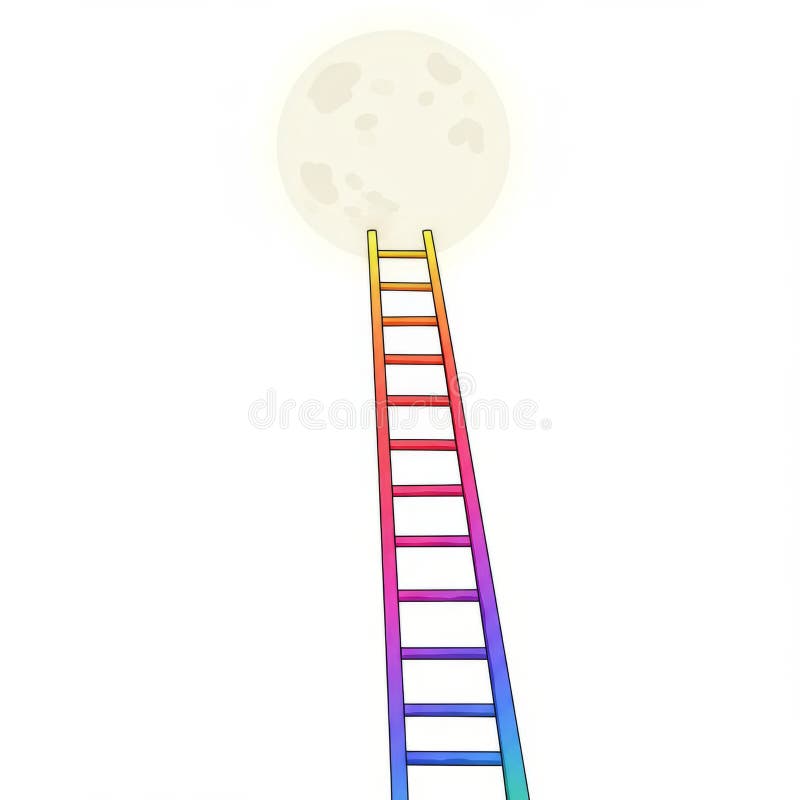 Rainbow Ladder Reaching a Full Moon Stock Illustration - Illustration ...