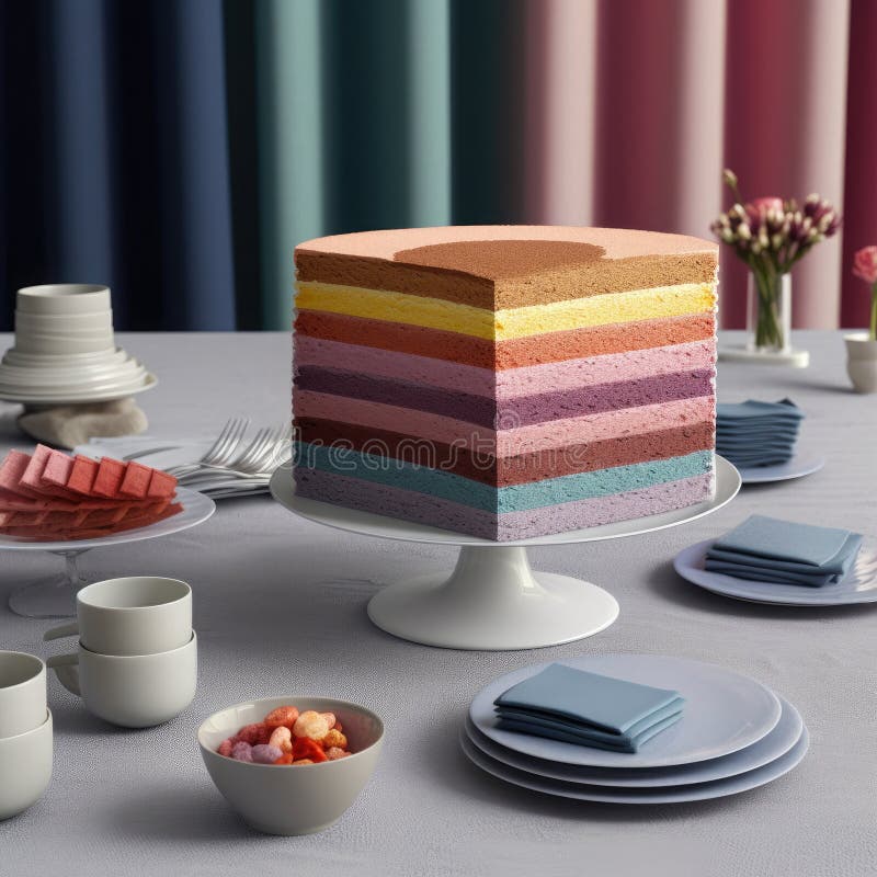 Rainbow Layer Cake, Biscuit Layers Anointed with Multi-colored Cream ...