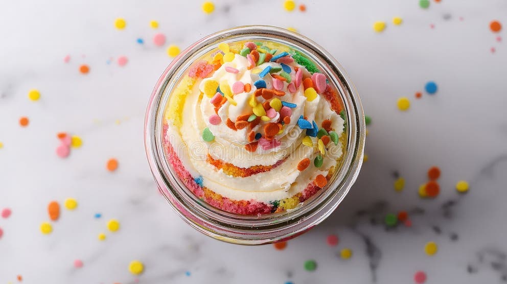 Rainbow Layer Cake in a Jar with Whipped Cream and Sprinkles Stock ...