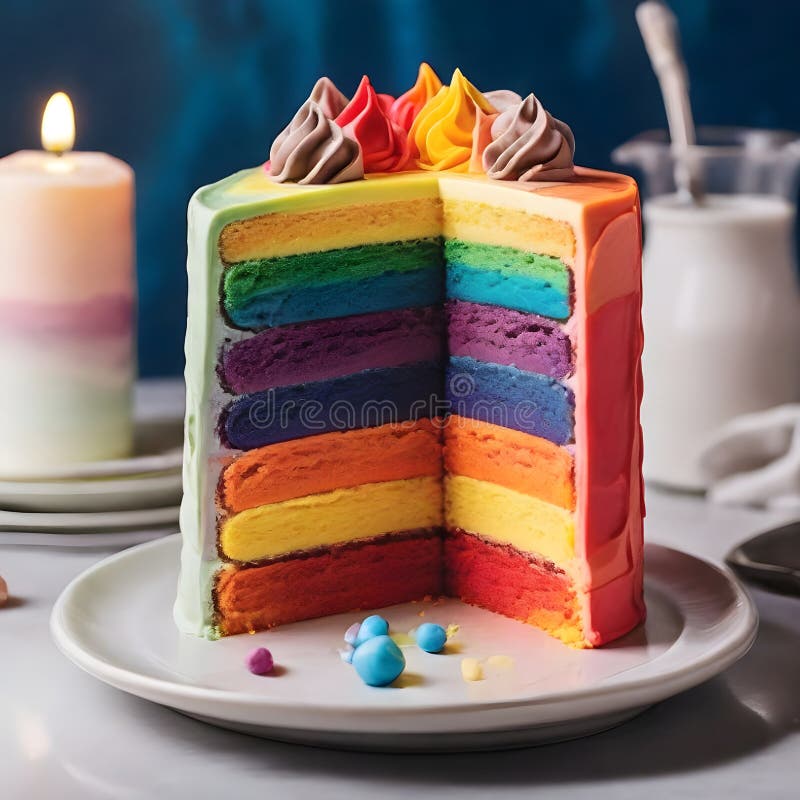 Rainbow Layer Cake on Plate. Stock Illustration - Illustration of white ...