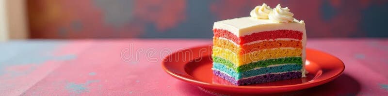Rainbow Layer Cake Slice, Red Plate, Frosting Swirl, Icing, Layered ...