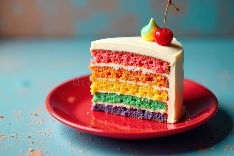Rainbow Layer Cake Slice, Red Plate, Frosting Swirl, Red Plate, Cake ...