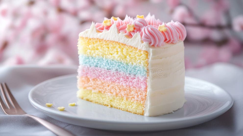 Rainbow Layered Cake Slice with Pink Frosting Stock Illustration ...