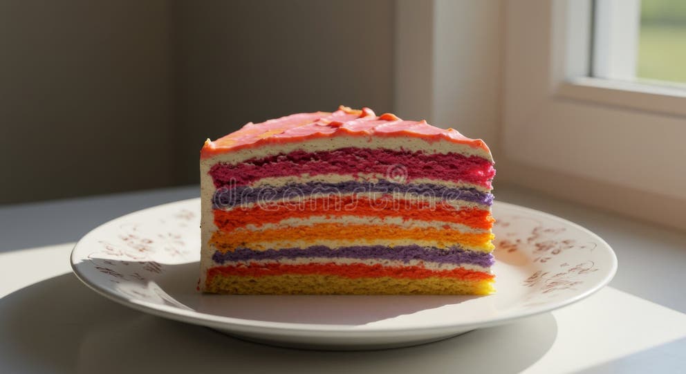 Rainbow Layered Cake Slice on Plate in Sunlight Stock Illustration ...