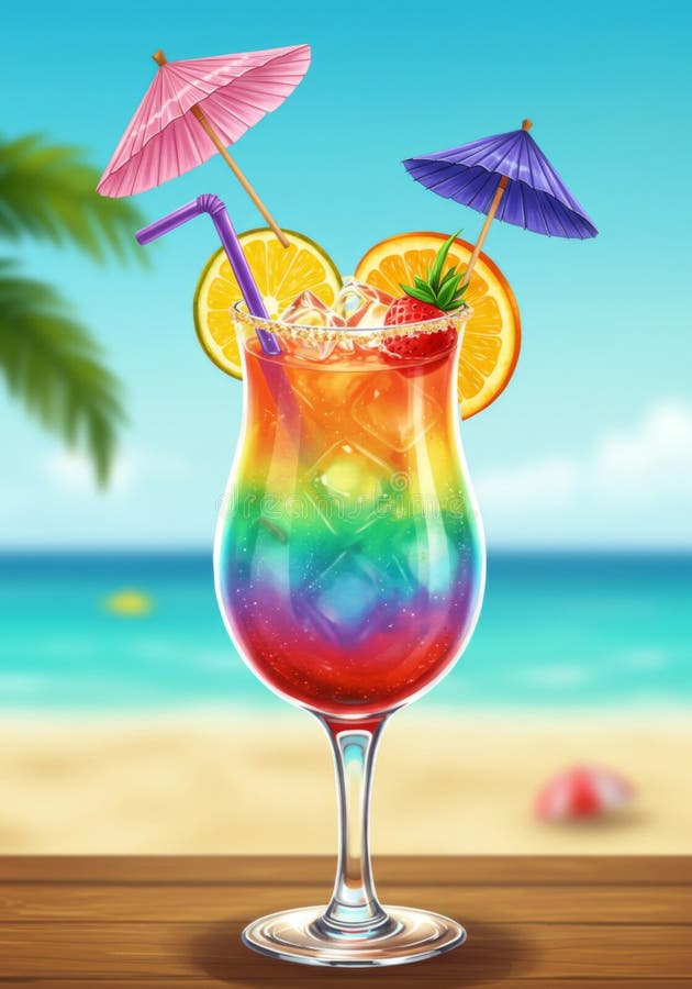 Rainbow Layered Cocktail on Beach Background Stock Image - Image of ...