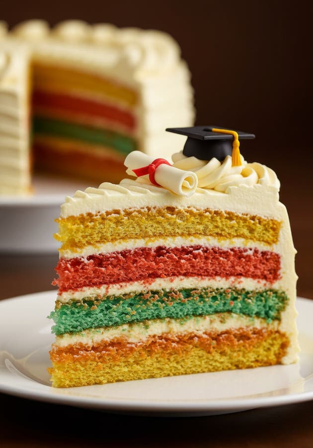 Rainbow Layered Graduation Cake with Vanilla Frosting Stock ...