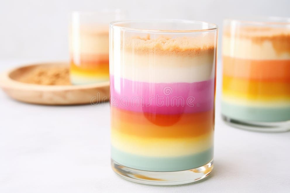 Rainbow Layered Latte in a Clear Glass on a Light Pastel Table Stock ...