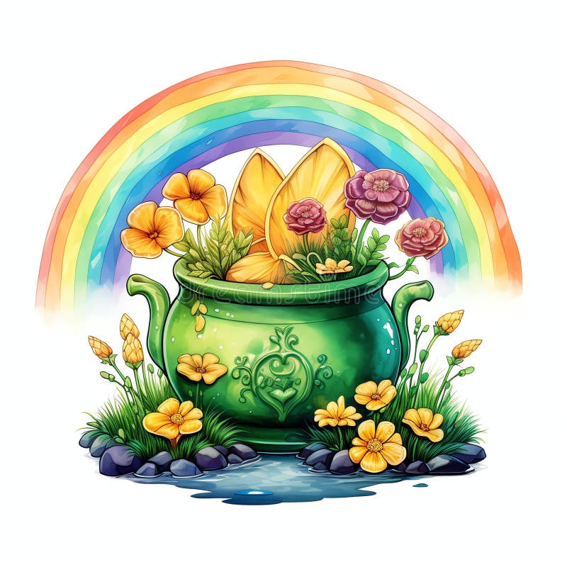 A Rainbow Leading To a Pot of Gold Watercolor Stock Illustration ...