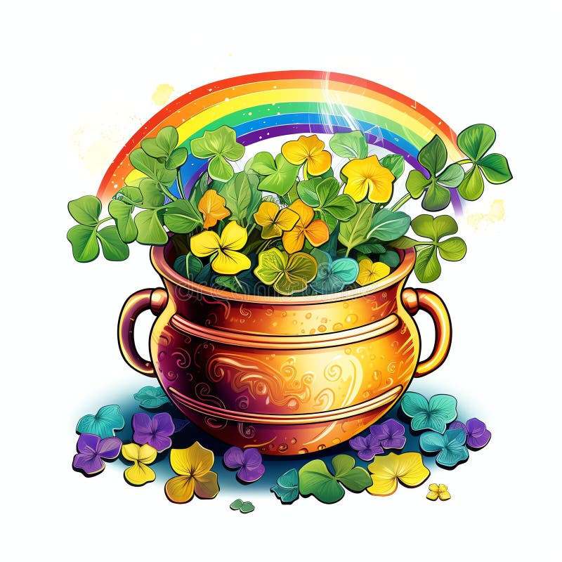 A Rainbow Leading To a Pot of Gold Watercolor Stock Illustration ...
