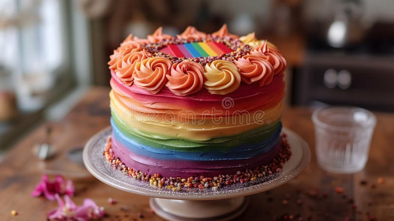 Rainbow LGBT Flag Colored Cake on Kitchen Table Stock Illustration ...